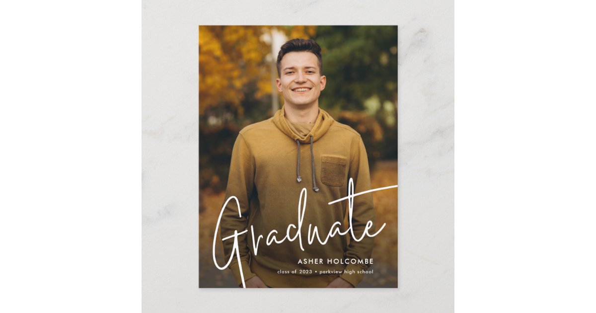 Modern Script Graduate Simple Photo Graduation Announcement Postcard ...