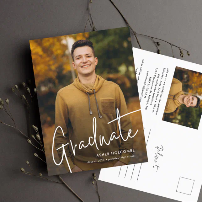 Modern Script Graduate Simple Photo Graduation Invitation Postcard | Zazzle