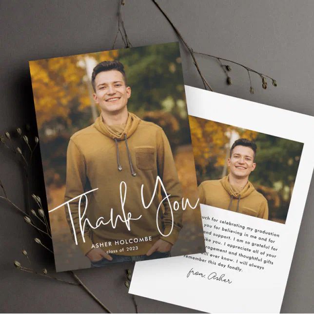 Modern Script Graduate Simple Photo Graduation Thank You Card | Zazzle