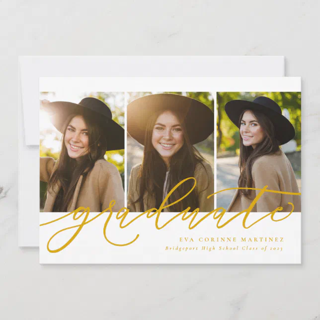 Modern script graduate three photo gold graduation announcement | Zazzle