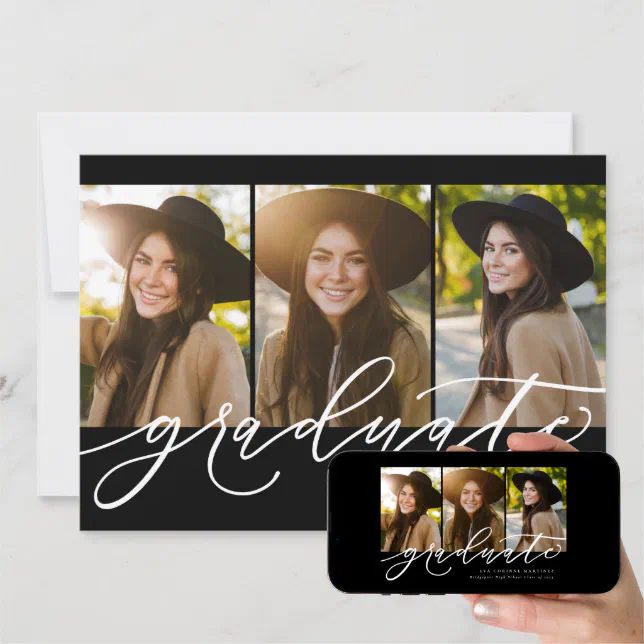 Modern script graduate three photo graduation announcement | Zazzle