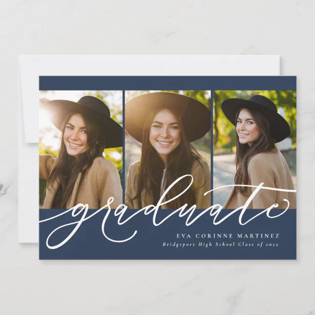 Modern script graduate three photo navy graduation announcement | Zazzle