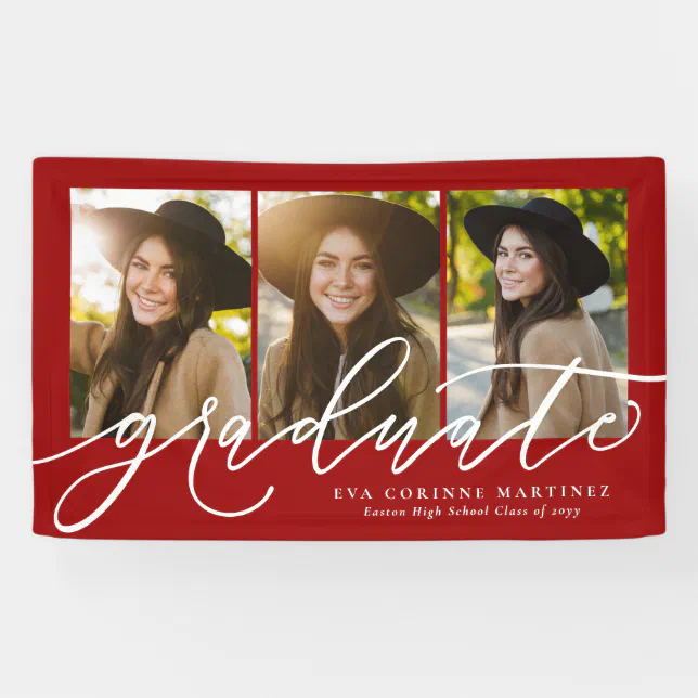 Modern script graduate three photo red graduation banner | Zazzle