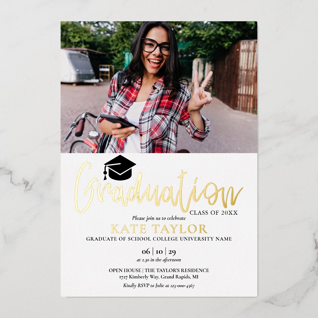 Modern Script Graduation Party 2 Photo Gold Foil Invitation | Zazzle