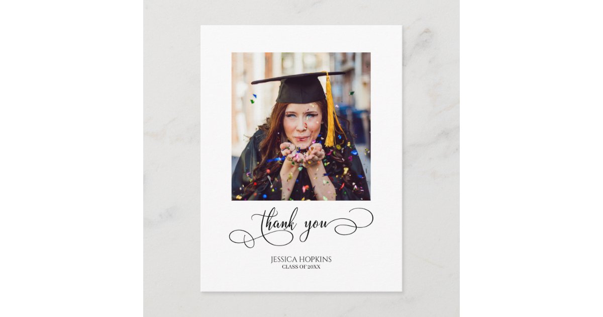 Modern Script Graduation Photo Thank You Postcard | Zazzle