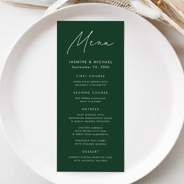 Modern Script Green Wedding Menu | Zazzle