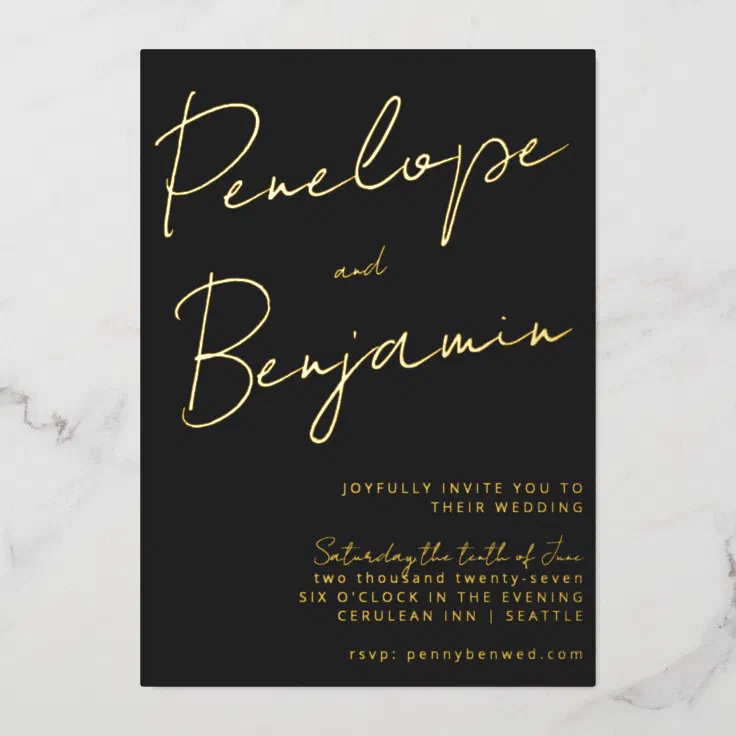 Modern Script Handwriting Black and Gold Wedding Foil Invitation | Zazzle