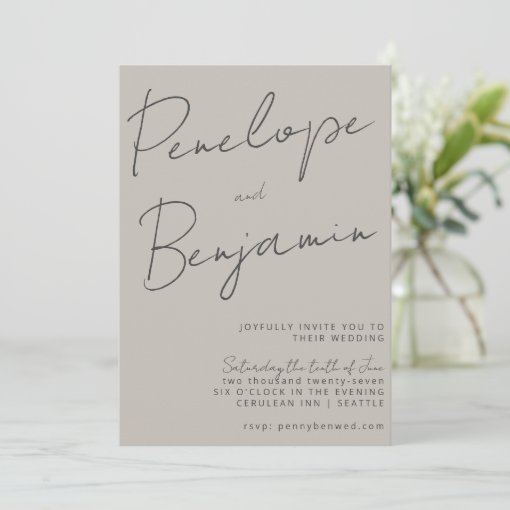 Modern Script Handwriting Neutral Taupe Wedding Invitation | Zazzle