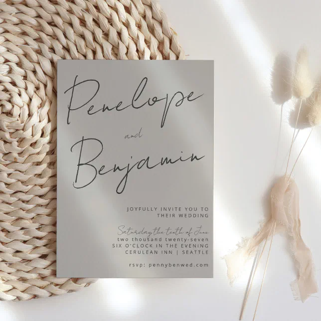 Modern Script Handwriting Neutral Taupe Wedding Invitation | Zazzle