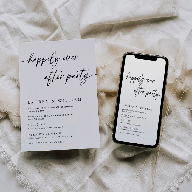 Modern Script Happily Ever After Party Wedding Invitation | Zazzle