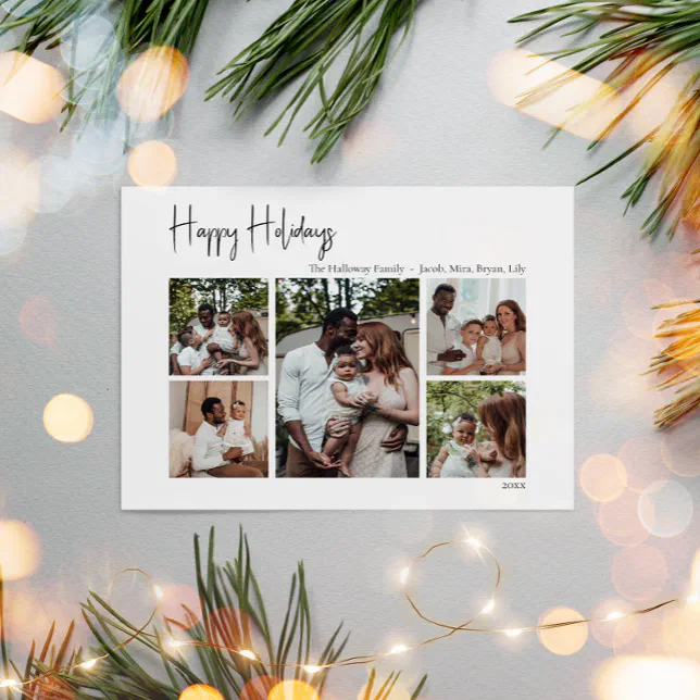 Modern Script Happy Holidays Five-Photo Holiday Card | Zazzle