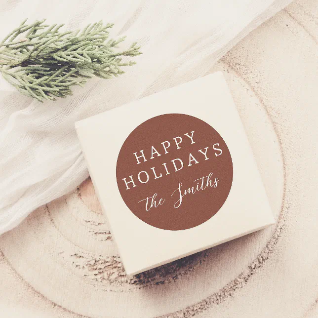 Modern Script Happy Holidays Lettering Red Classic Round Sticker | Zazzle