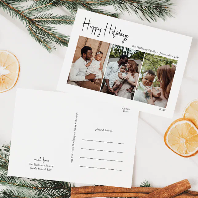 Modern Script Happy Holidays Three-Photo Holiday Postcard | Zazzle