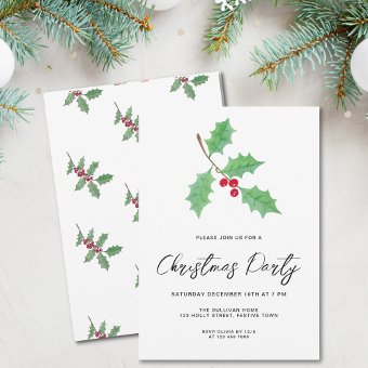 Modern Script Holly Christmas Party Invitation | Zazzle