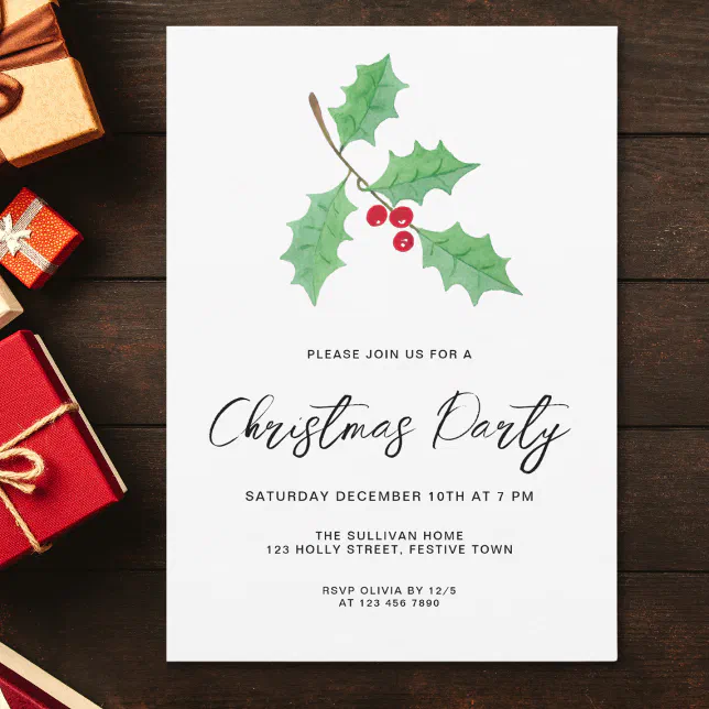 Modern Script Holly Christmas Party Invitation | Zazzle
