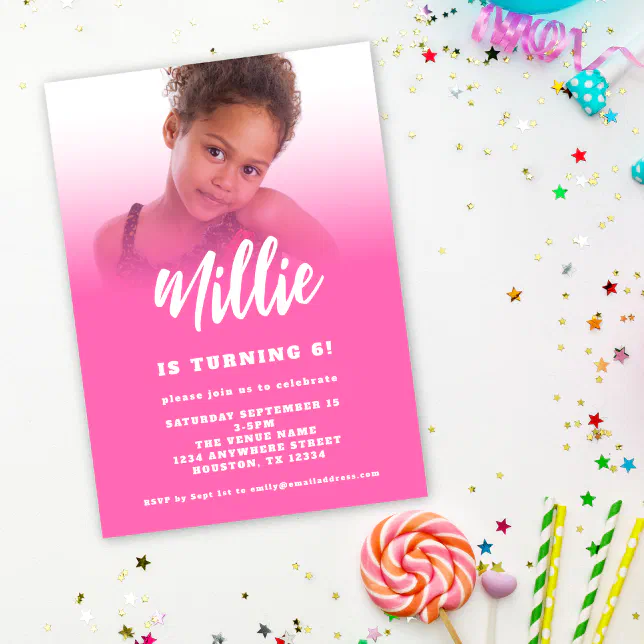 Modern Script Hot Pink Photo 6th Birthday Party In Invitation | Zazzle