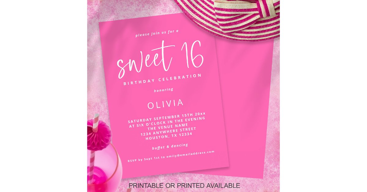 Modern Script Hot Pink Sweet 16 Birthday Party Invitation | Zazzle