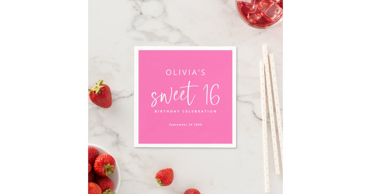 Modern Script Hot Pink Sweet Birthday Party Napkins | Zazzle