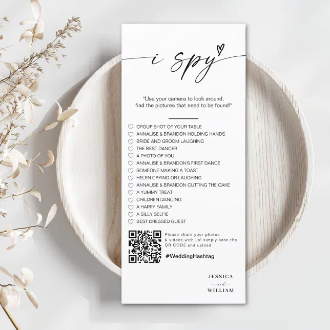 Modern Script I spy wedding game Reception Photo Menu | Zazzle