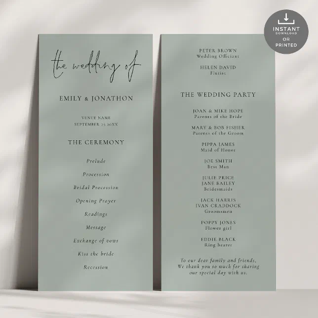 Modern Script Light Sage Green Wedding Program | Zazzle