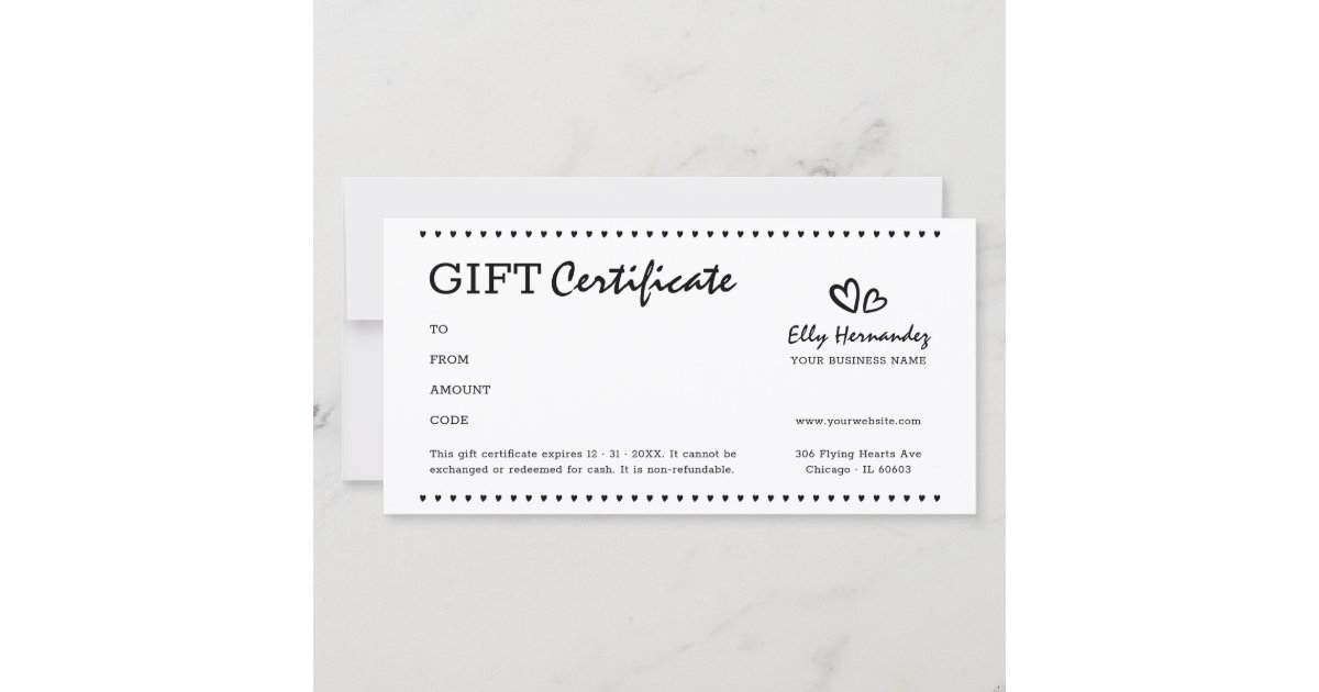 Modern Script Logo Heart Black Gift Certificate | Zazzle