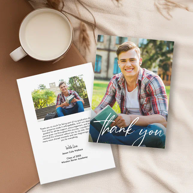 Modern Script Male Graduate Photo Graduation Thank You Card | Zazzle