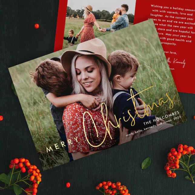 Modern Script Merry Christmas Photo Foil Holiday Card | Zazzle