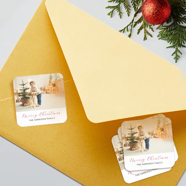 Modern Script Merry Christmas Photo Square Sticker | Zazzle