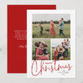 Modern Script Merry Christmas Simple 3 Photo Holiday Card | Zazzle