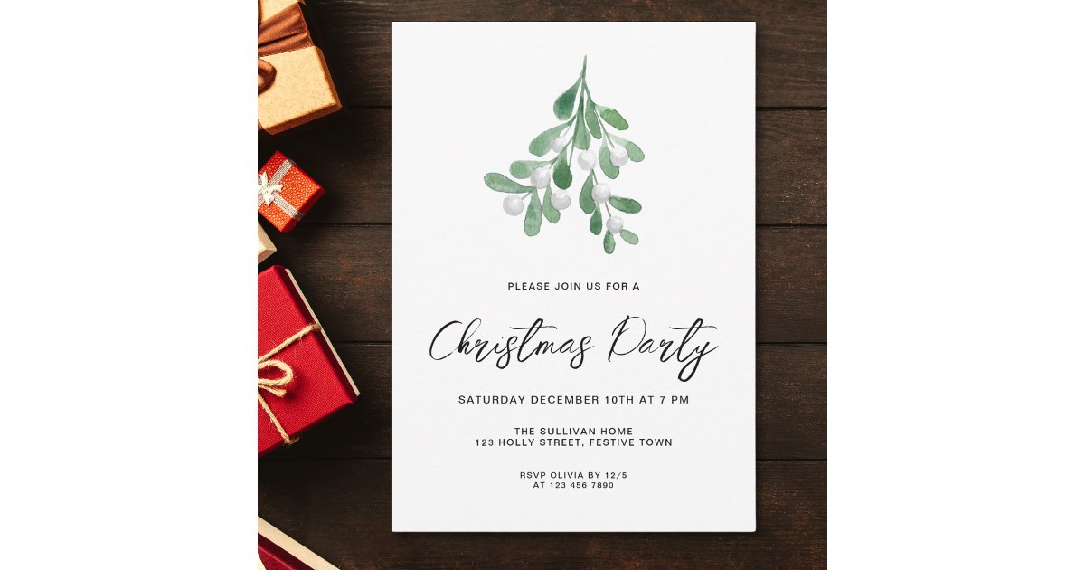 Modern Script Mistletoe Christmas Party Invitation | Zazzle