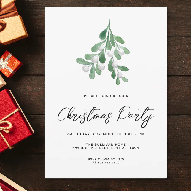 Modern Script Mistletoe Christmas Party Invitation | Zazzle