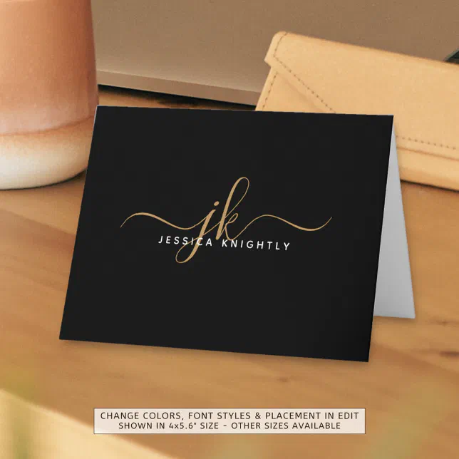 Modern Script Monogram Initials Minimal Black Gold Note Card | Zazzle