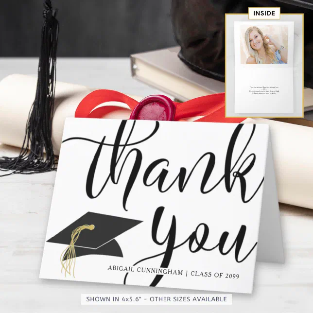 Modern Script Mortarboard Photo Graduation Thank You Card | Zazzle