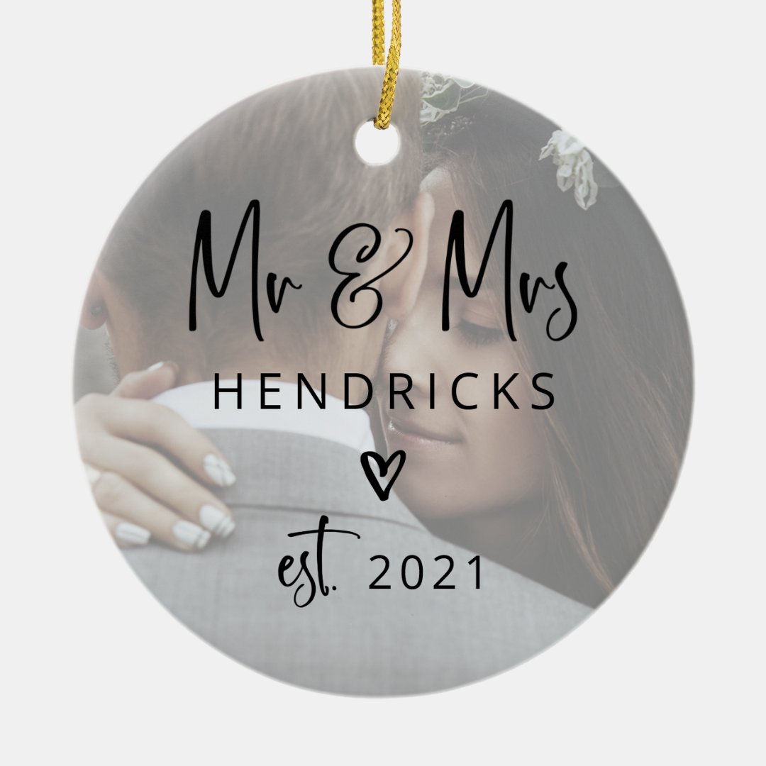 Modern Script | Mr and Mrs. Wedding Two Photo Ceramic Ornament | Zazzle