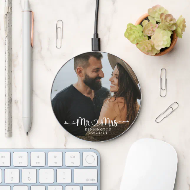 Modern Script Mr Mrs Hearts Arrows Photo Wireless Charger | Zazzle