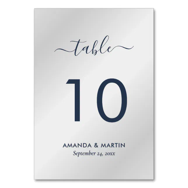 Modern Script Navy Blue and Silver Table Number | Zazzle
