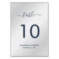 Modern Script Navy Blue and Silver Table Number | Zazzle