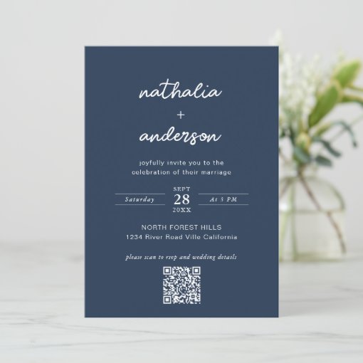 Modern Script Navy Blue Photo QR Code Wedding Invitation | Zazzle