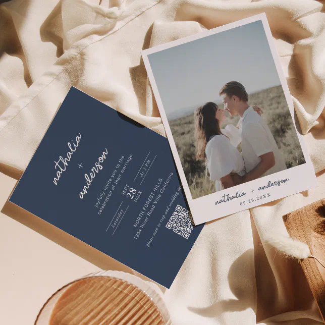 Modern Script Navy Blue Photo QR Code Wedding Invitation | Zazzle