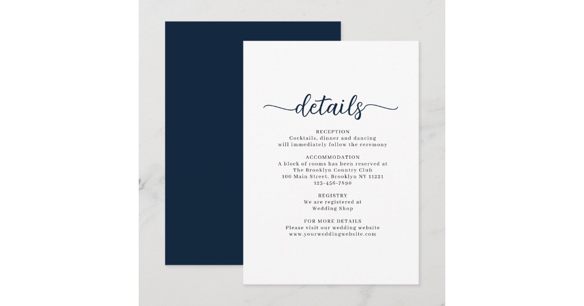 Modern Script Navy Blue Wedding Details Enclosure Card | Zazzle