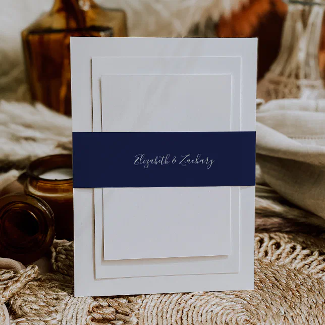 Modern Script Navy Blue Wedding Invitation Belly Band | Zazzle