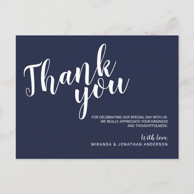 Modern Script Navy Blue Wedding Thank You Postcard | Zazzle