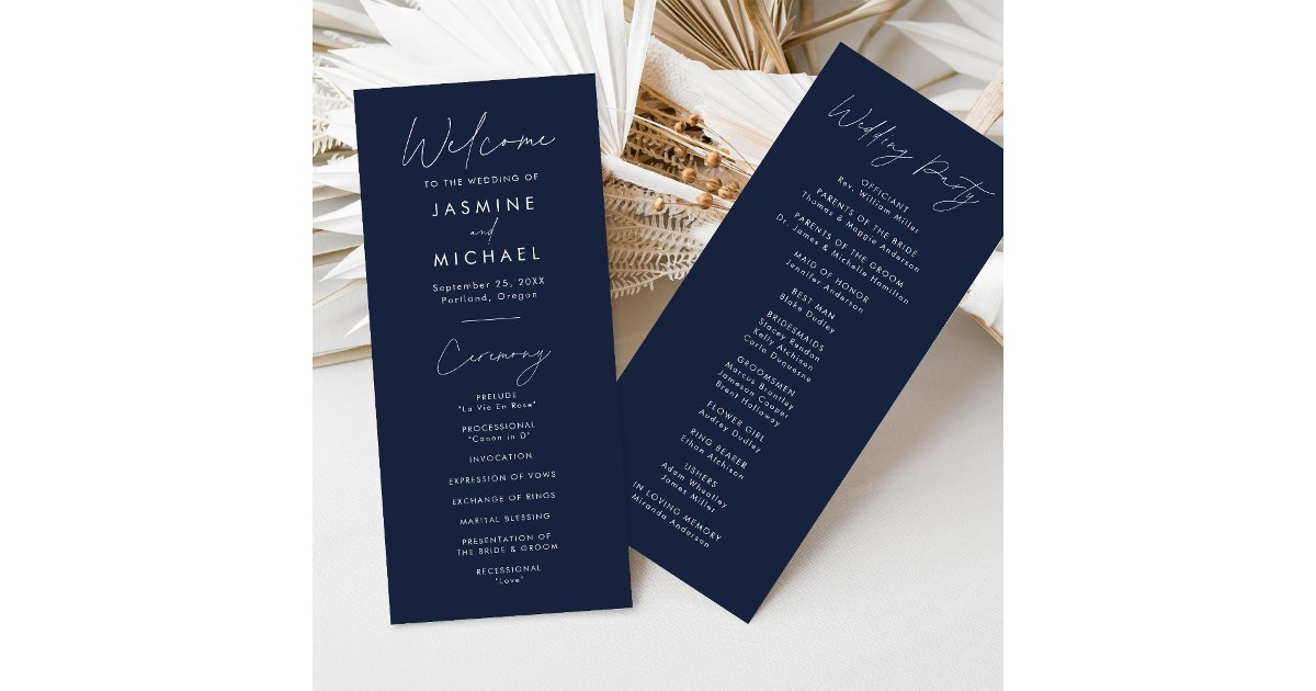 Modern Script Navy Wedding Program | Zazzle