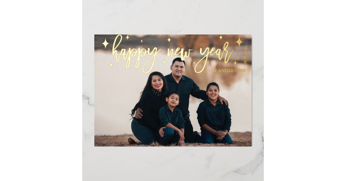 Modern Script New Year Gold Foil Photo Holiday | Zazzle