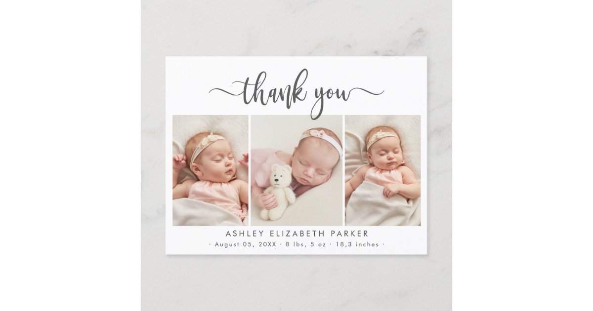 Modern Script Newborn Baby Photo Collage Thank You Postcard | Zazzle