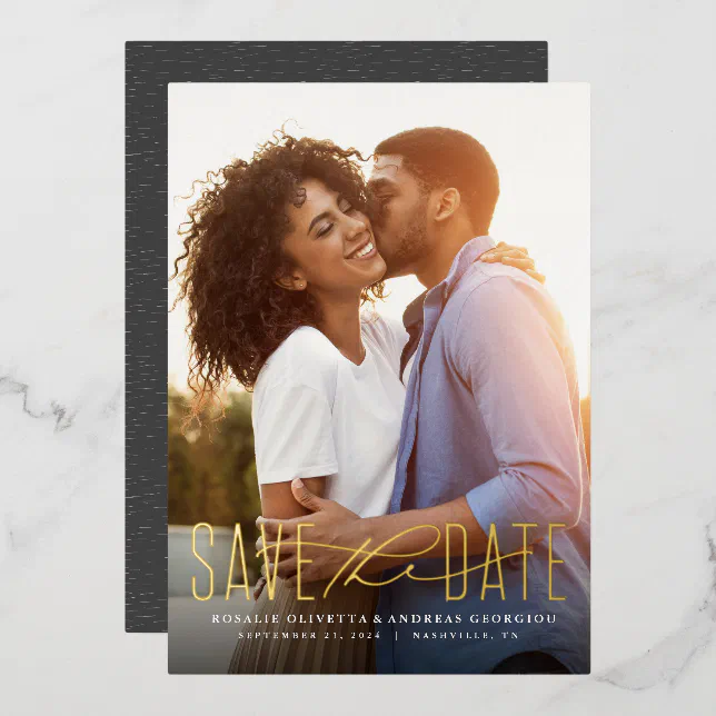 Modern script one photo vertical save the date foil invitation | Zazzle