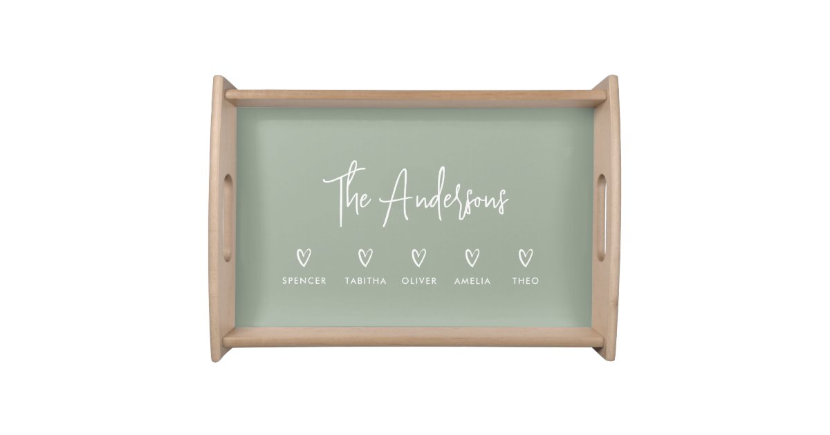 Modern script personal 5 family sage green serving tray | Zazzle