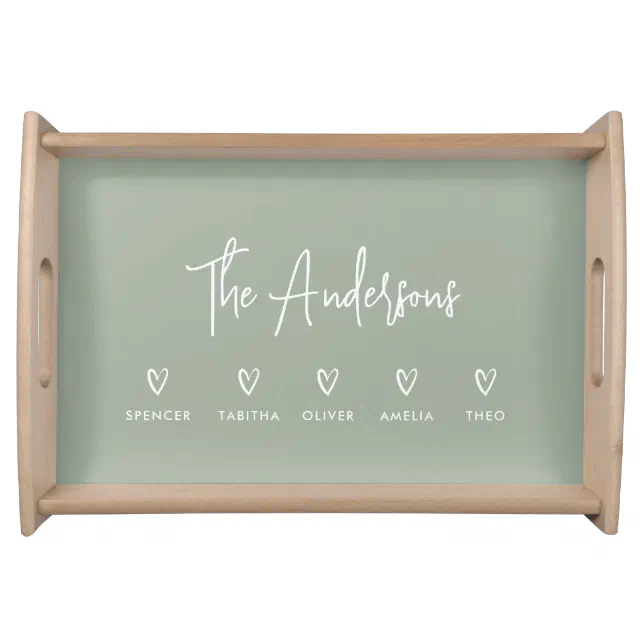 Modern script personal 5 family sage green serving tray | Zazzle
