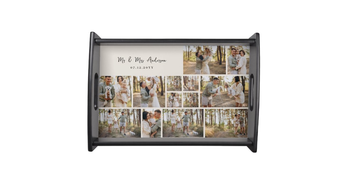 Modern script personal family photo collage gift serving tray | Zazzle