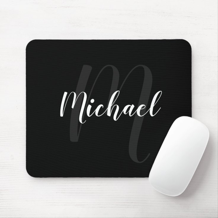 Modern Script Personalized Monogram and Name Black Mouse Pad | Zazzle